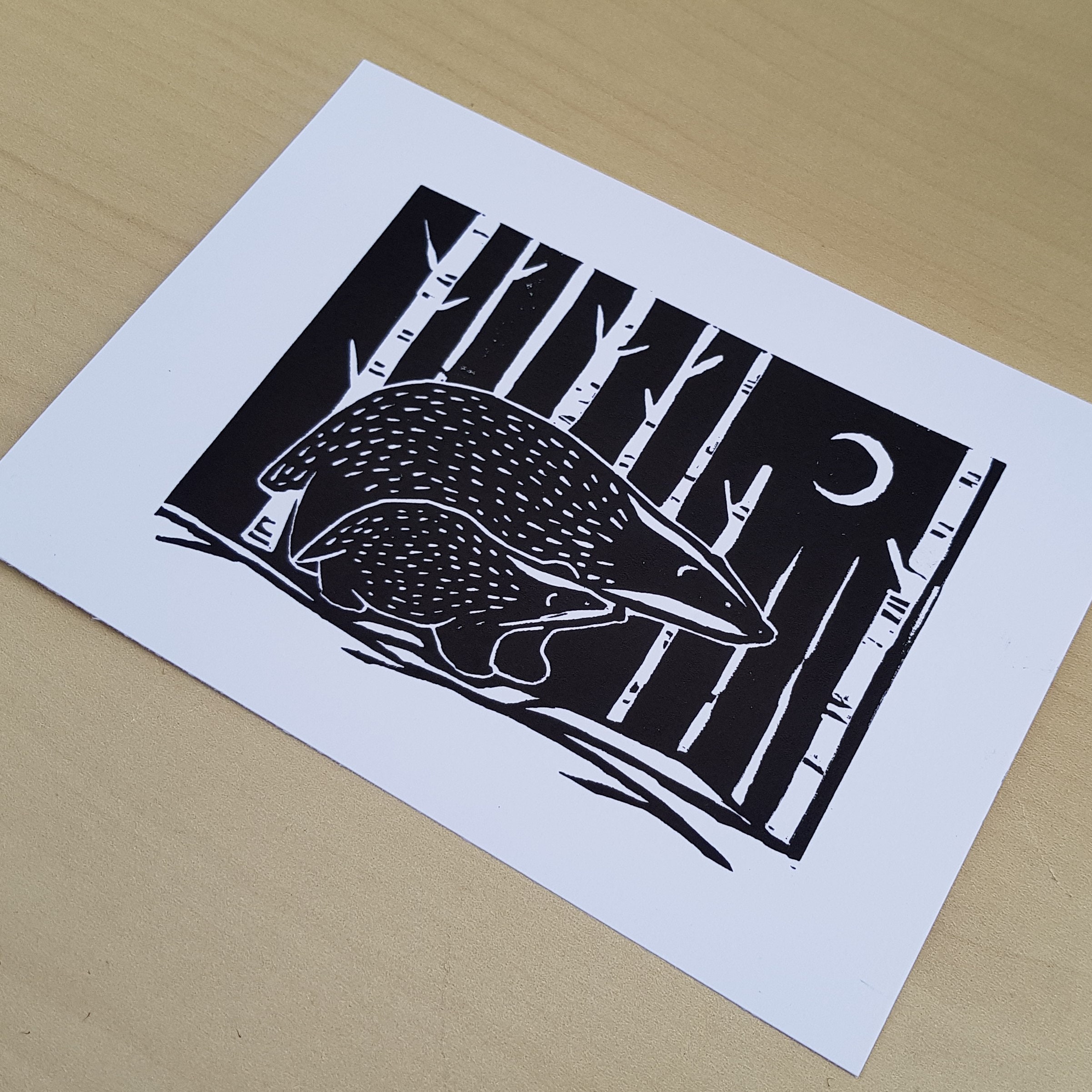 Midnight Badgers A5 Linocut Art imprimé à la main - Etsy France