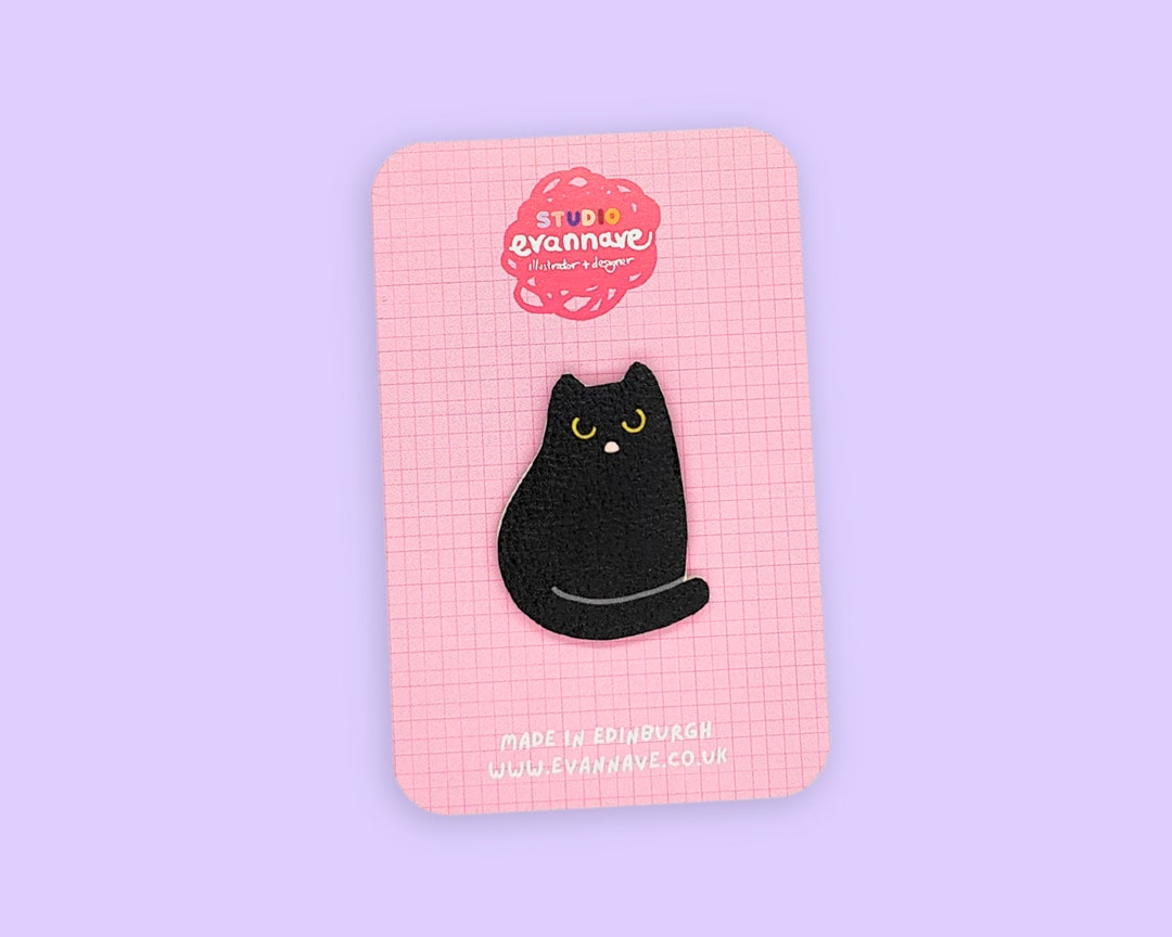 Angry Black Cat Pin Badge - Faux Leather Mini Brooch - Lightweight ...
