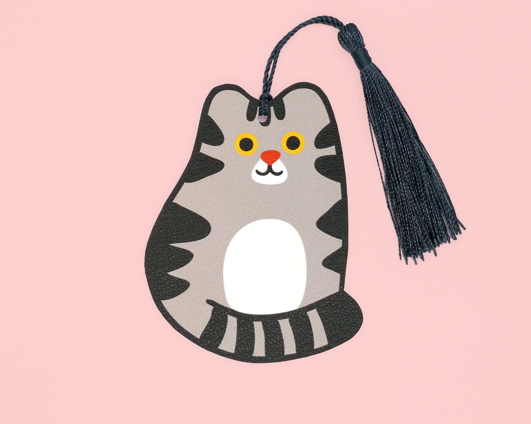 Dark Grey Tabby Cat Bookmark - Faux Leather Cut-out With Tassel ...