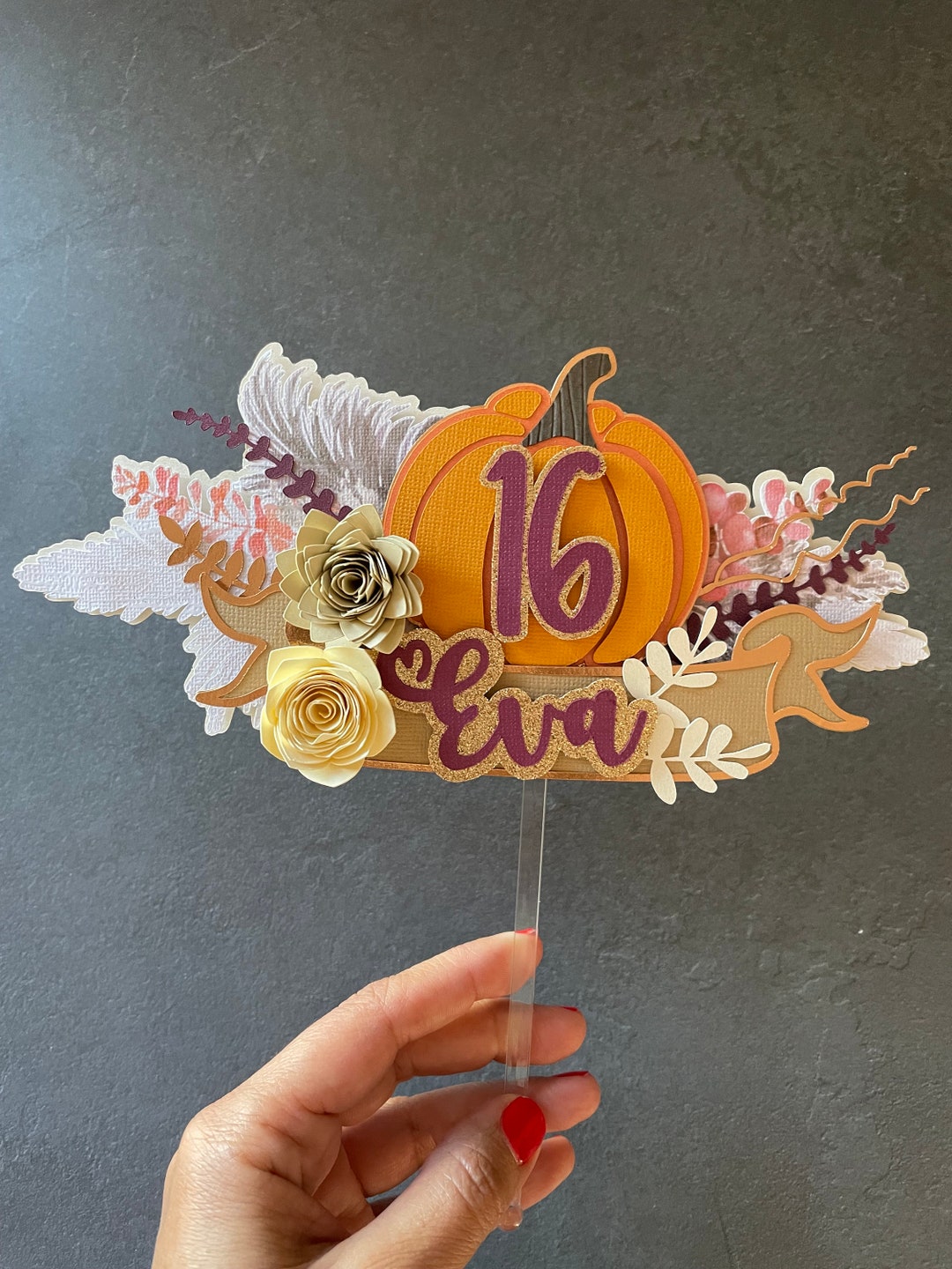 Fall Pumpkin Boho Birthday Cake Topper, Fall Flowers Pampas Grass Fall ...