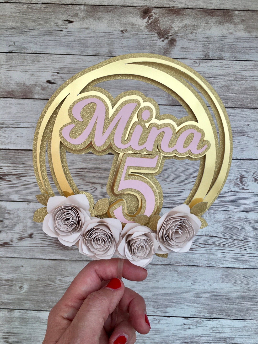Roses Cake Topper, Roses Cake Topper, Gold and Pink Decor, Flowers Cake ...