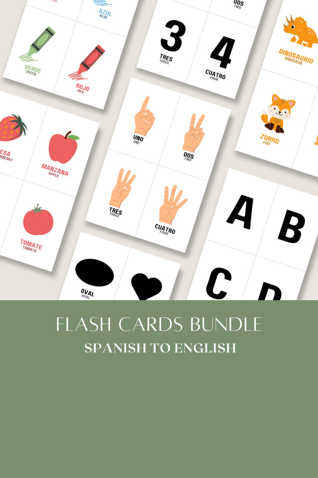 Bundle Flash Cards Spanish to English Bilingual Printable Digital ...