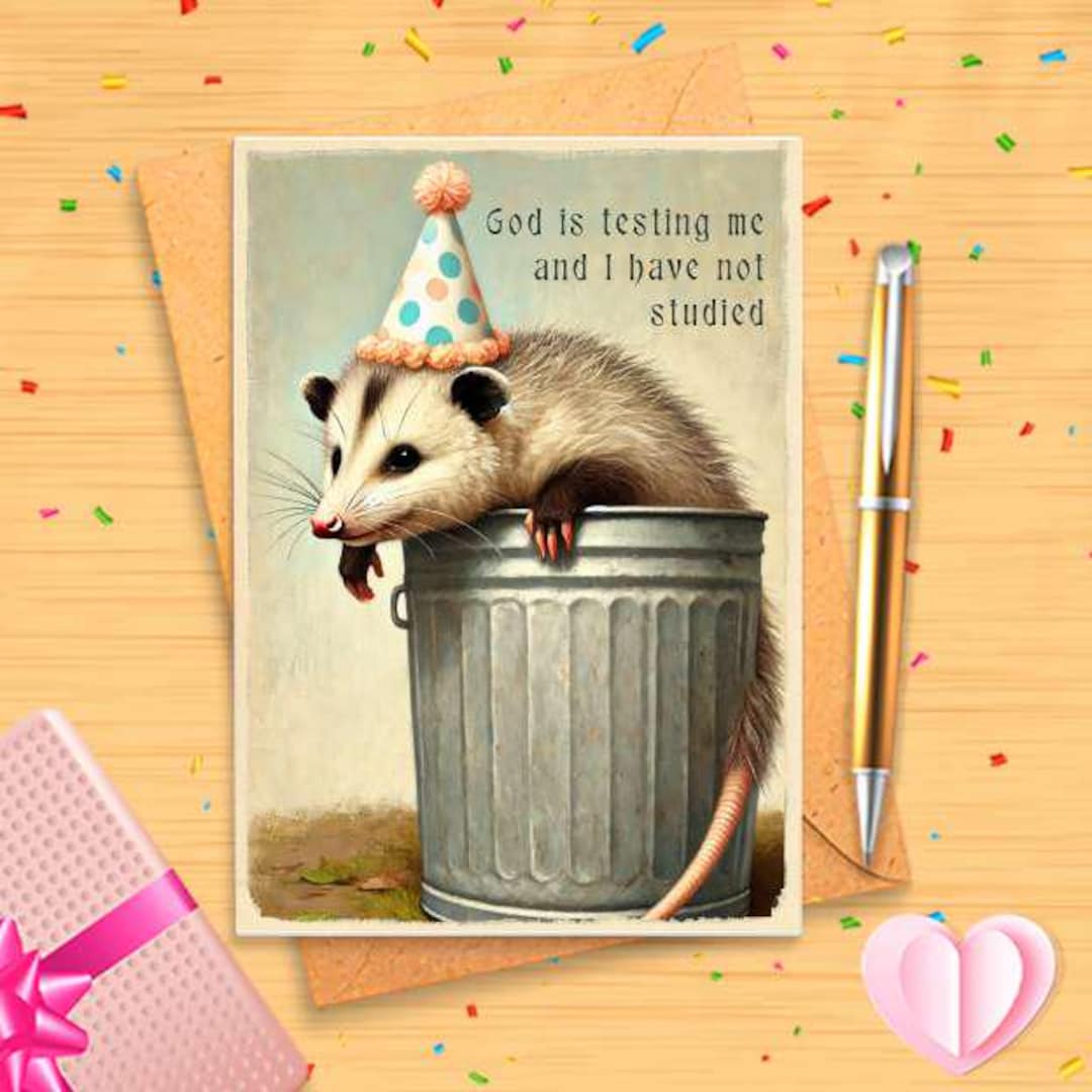 Humorous Possum Birthday Card - God is Testing Me, I Haven't Studied ...