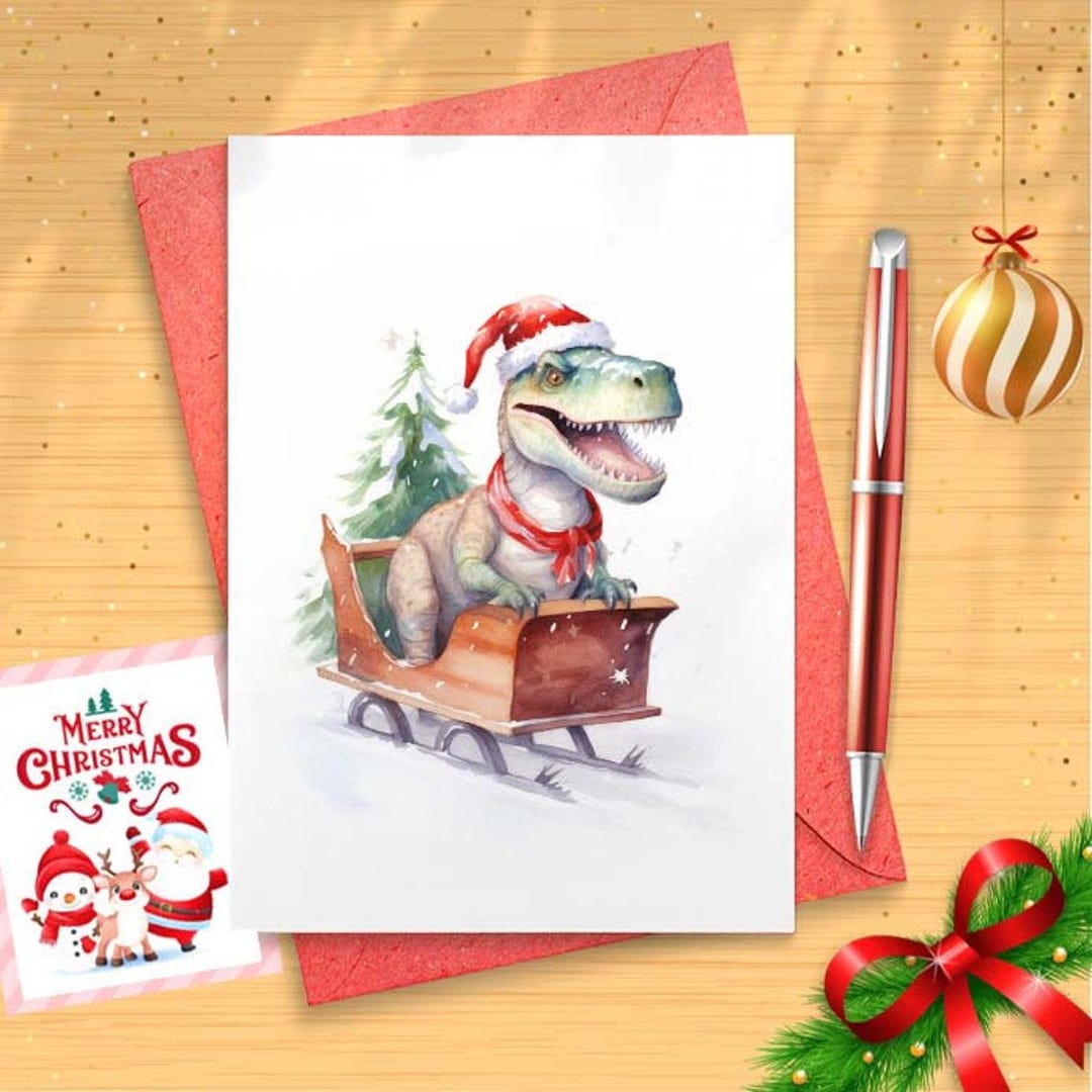 Sledding Dinosaur Christmas Card Set Barred Rock on Sled W/ Santa Hat ...