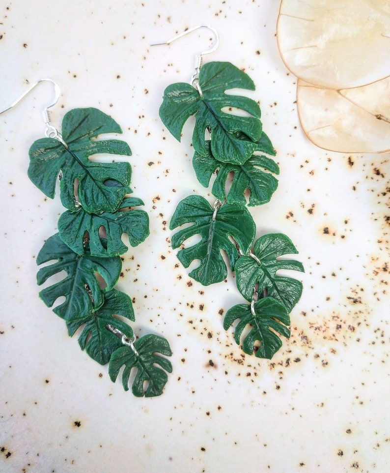 Monstera Leaf Clay Earrings Green Long Monstera Realistic - Etsy