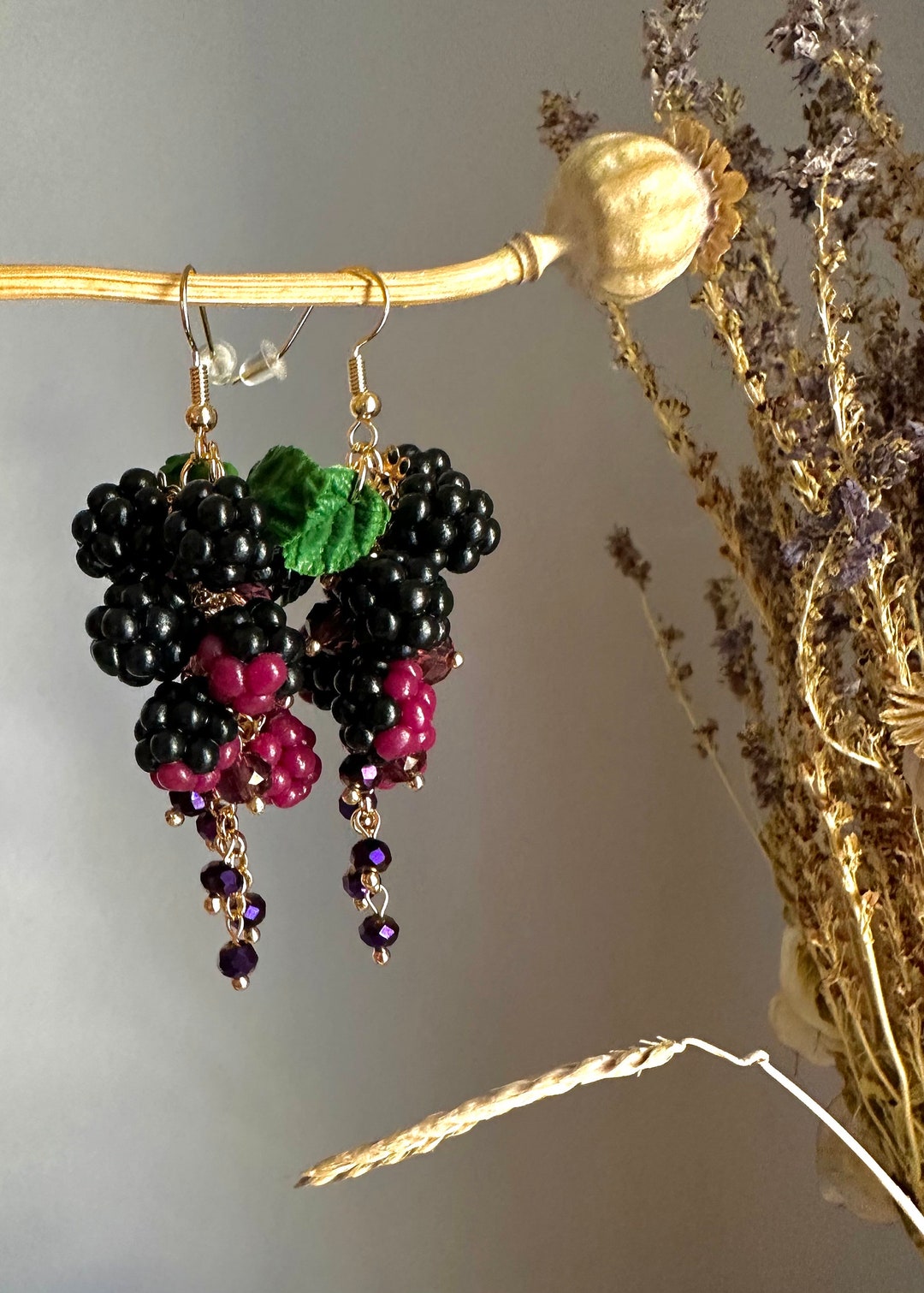 Gold Berry Statement Earrings With Blackberries 24K Gold Findings ...