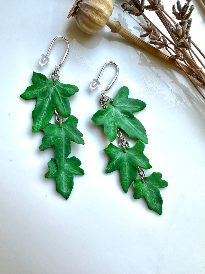 Ivy Leaf Dangle Earrings, Green Clay Botanical Jewelry - Etsy