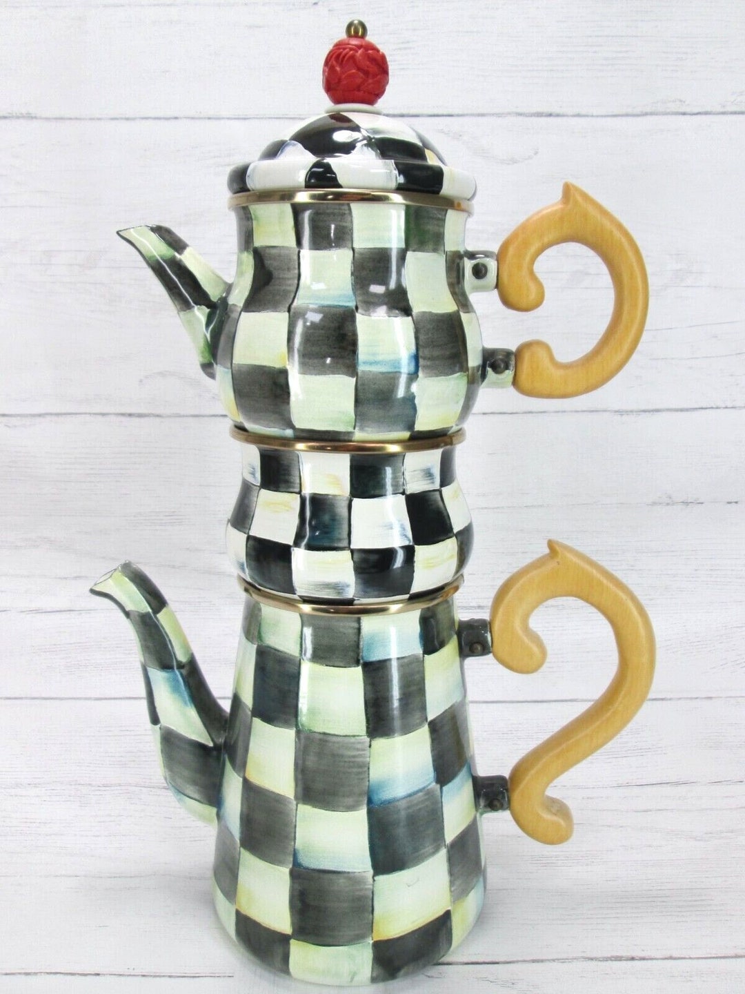 Mackenzie Childs Courtly Check Stacked Teapot Creamer Sugar Enamel ...