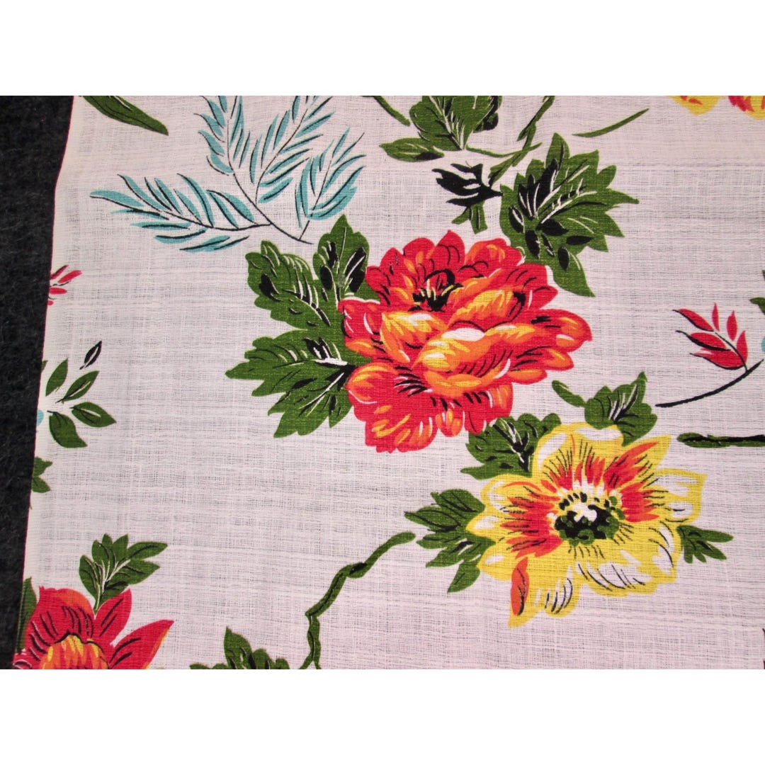 Vintage 50's Rose Floral Fabric Barkcloth Buckram Garden Turquoise MCM ...