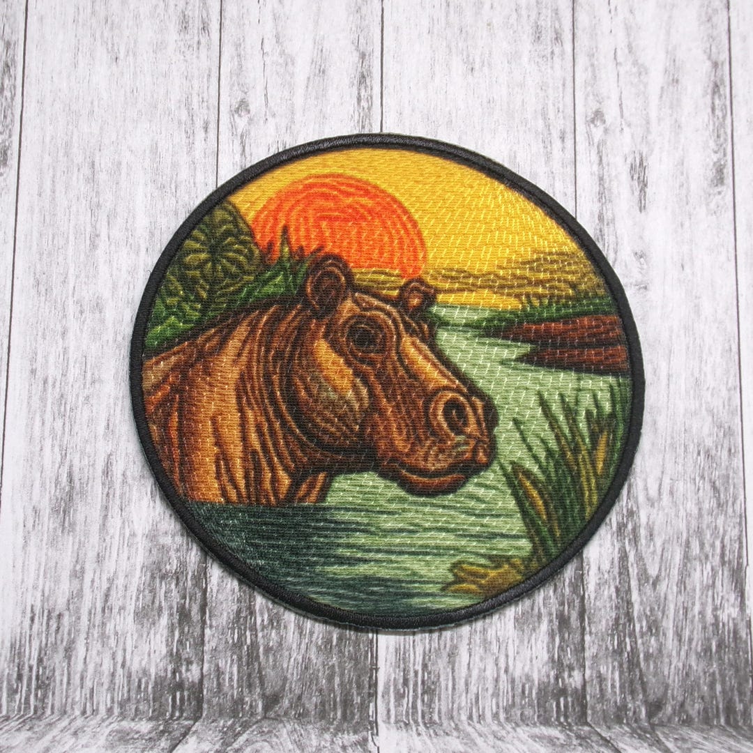 Hippo Patch Iron-on Applique for Jacket, Clothing, Backpack, Tote Bag, Vest, Safari Animal ...