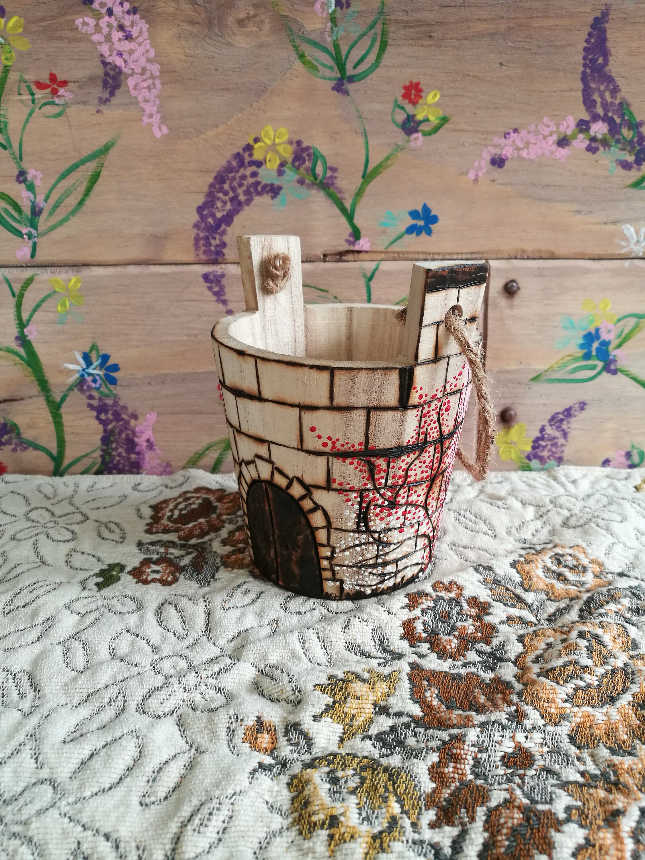 Pyrography Princess Bucket With Red Pink White Flowers Wood | Etsy