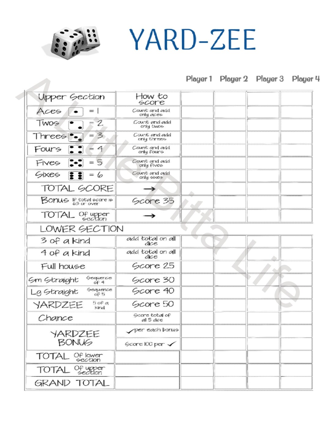 Yard Dice Scorecard: Yard-zee & Yard-kle Score Sheets (PDF) - Etsy
