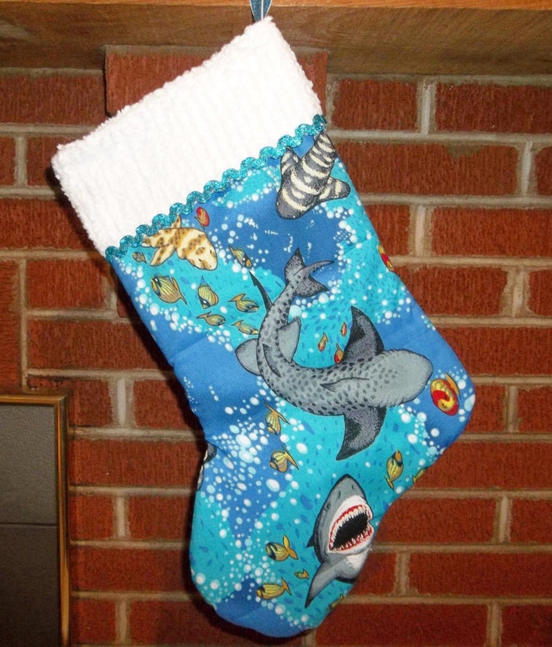 Shark Sharks Frenzy Blue and Teal and Chenille Christmas Stocking ...