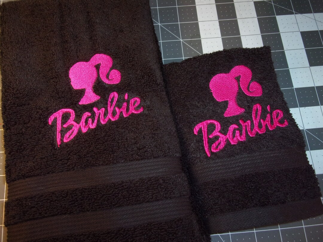Inspired BARBIE Black and Hot Pink 2 Piece Embroidered Hand Guest Towel ...