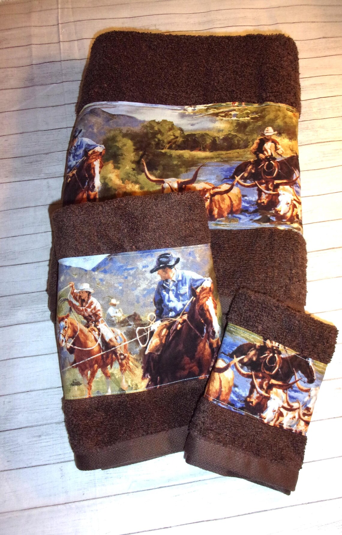 Western Cattle Drive Cowboy 3 Piece Chocolate Brown Western Horses ...