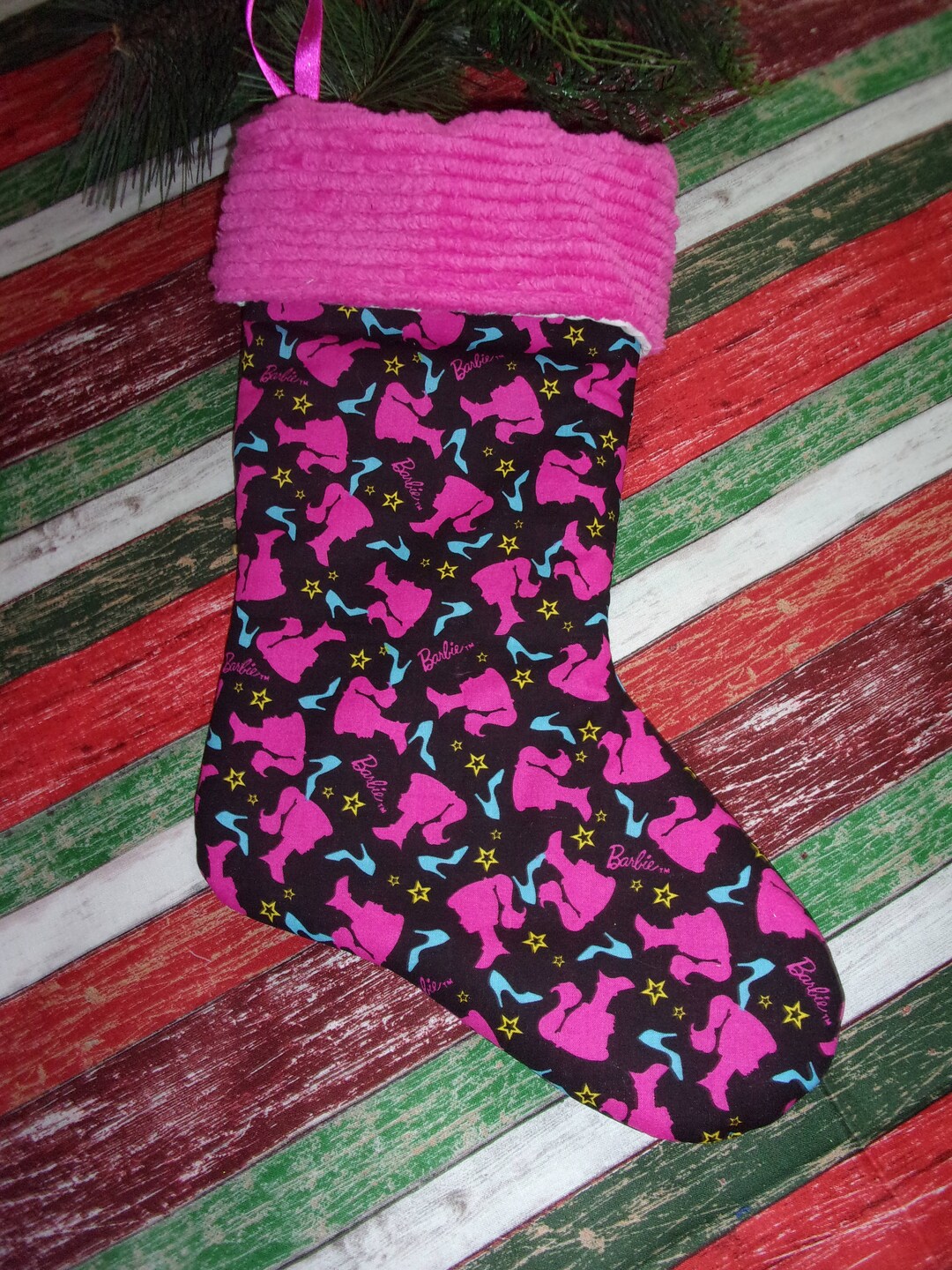 Barbie Pink and Black Christmas Stocking With Pink Chenille Cuff FREE ...