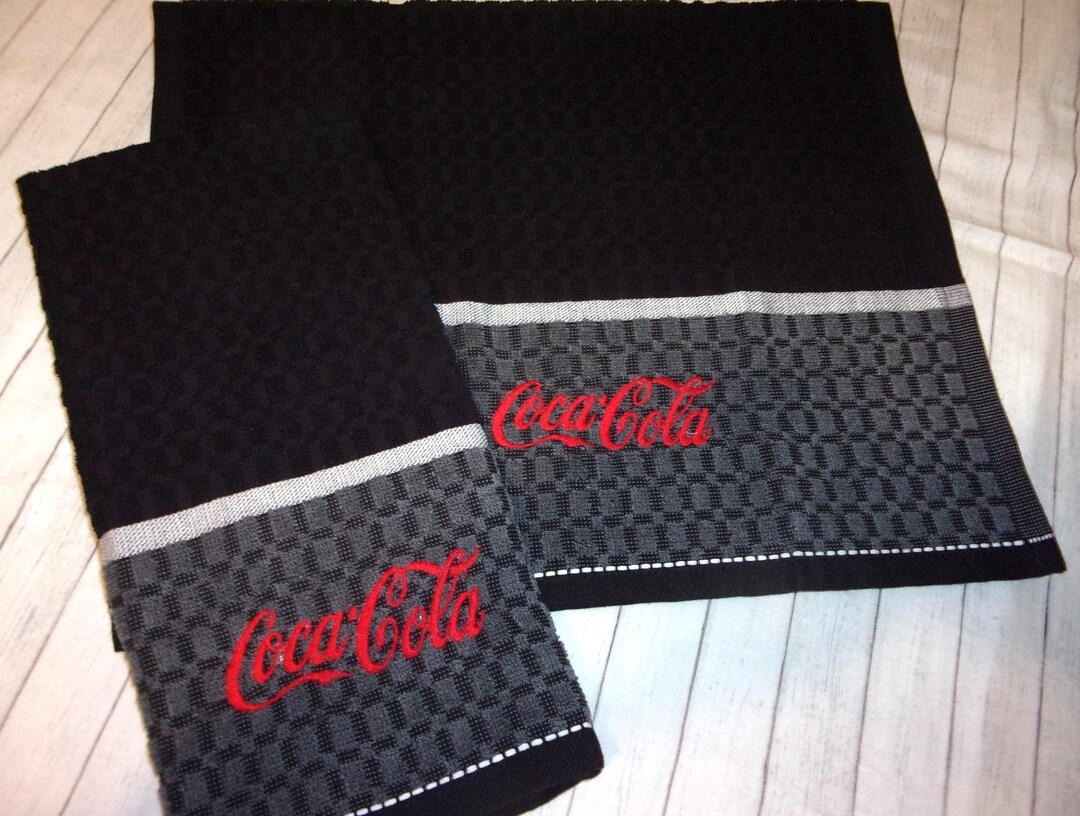 2 Coca Cola Logo Embroidered Black White and Red Kitchen Dish Tea ...