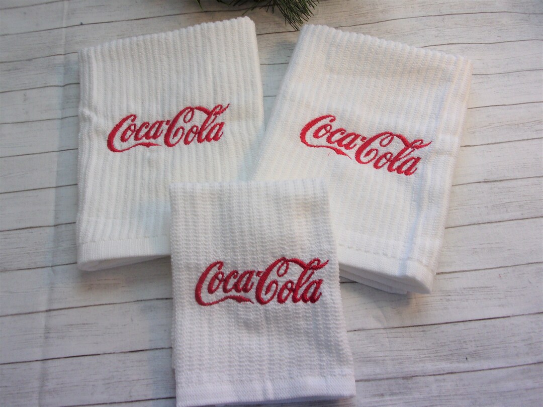 Coca Cola Logo 3 Piece White Bar Mop Kitchen Dish Tea Towels and Wash ...
