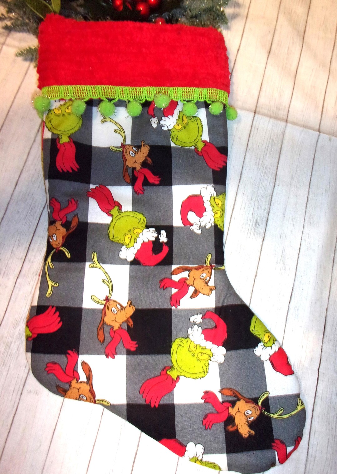 Grinch the GRINCH and Max Christmas Stocking Red Chenille Cuff ...
