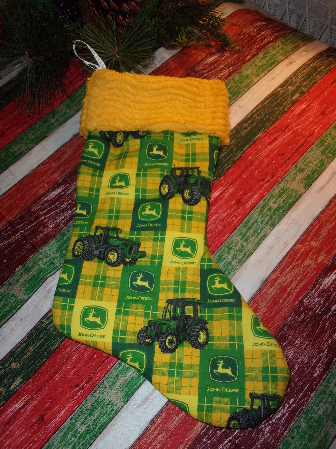 John Deere Tractor Greene and Yellow Tractor Plaid Christmas Stocking ...