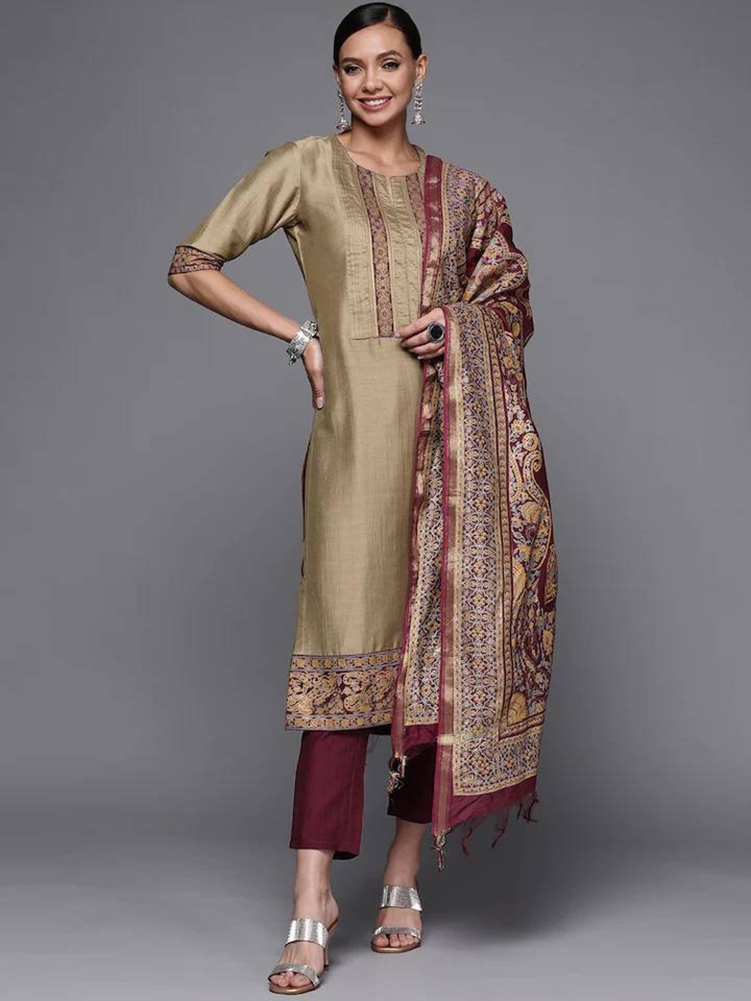 Silk Kurta Sets for Women Olive Green Maroon Silk Kurta With Trousers ...