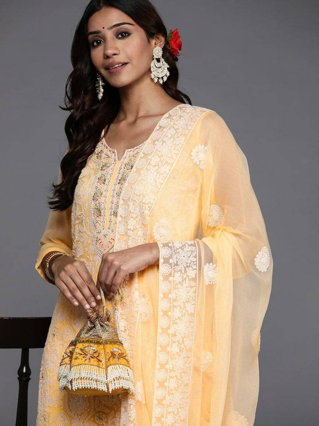 Chikankari Kurta Set for Women Indian Wedding Wear Yell Embroidered ...