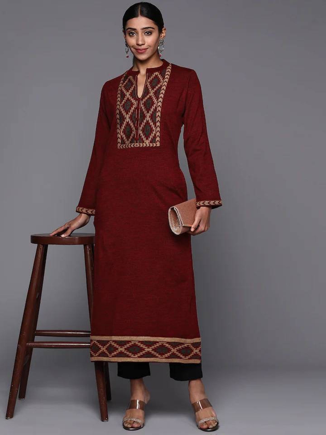 Winter Pashmina Woolen Kurta for Women Maroon Woolen Kurta Indian ...