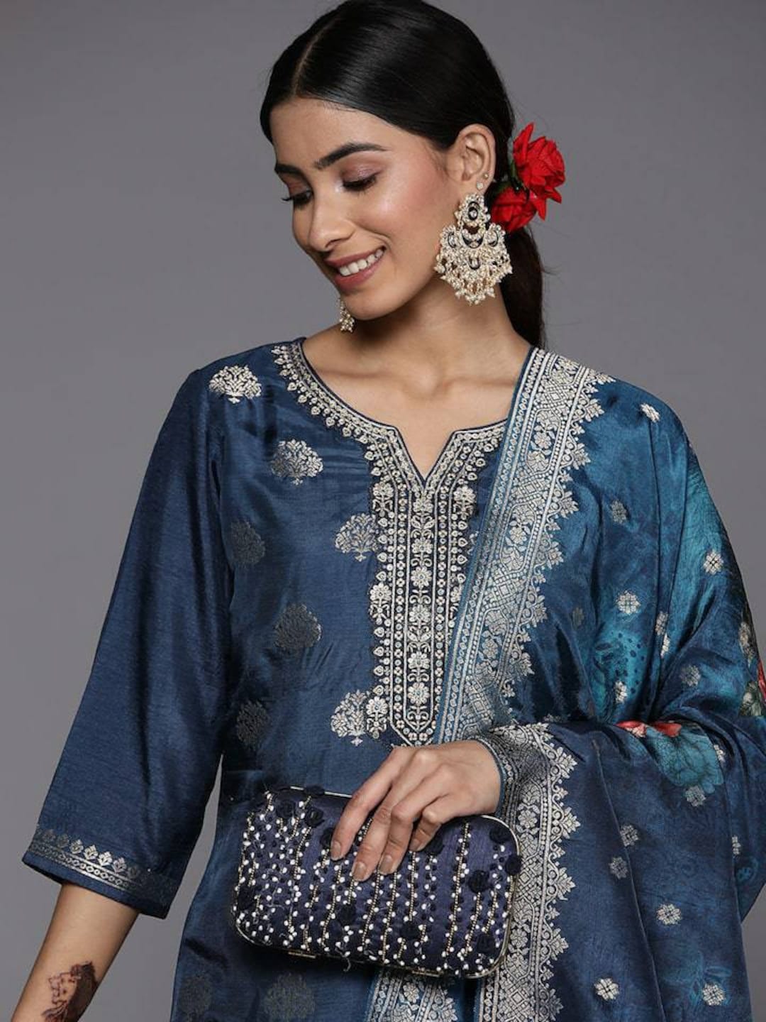 Silk Kurta Sets for Women Indian Wedding Wear Blue Embroidered Straight ...