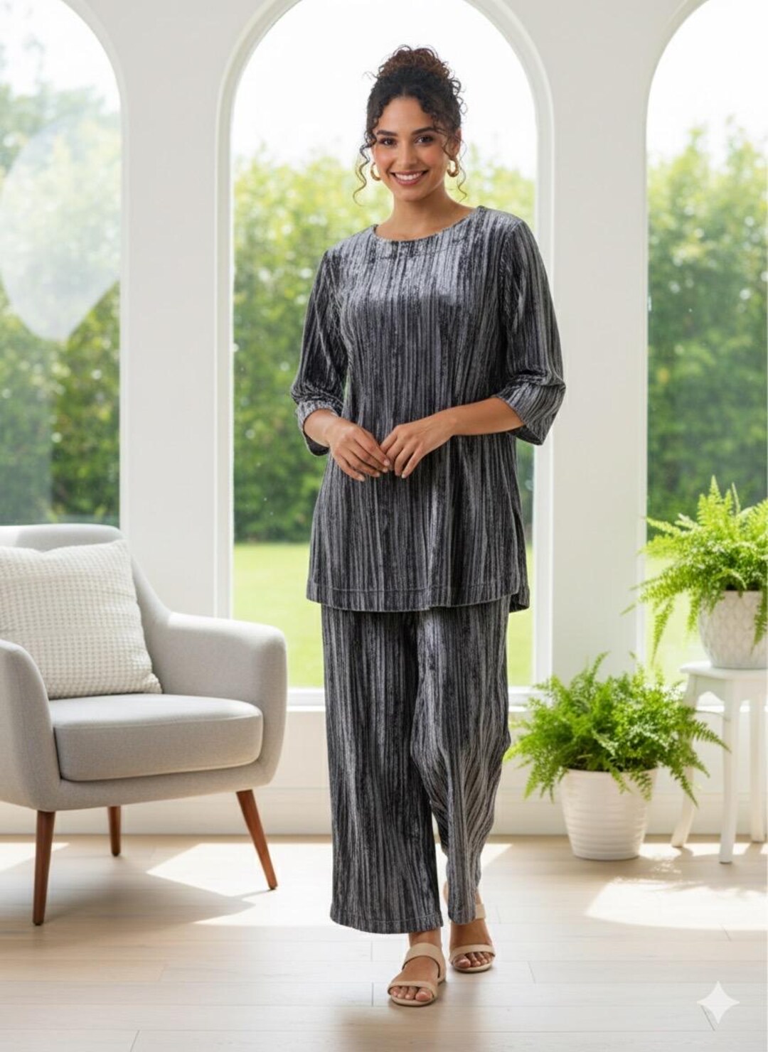 Velvet Coord Set for Women | Grey Velvet Kurta Pant Set XS-3XL | Winter ...