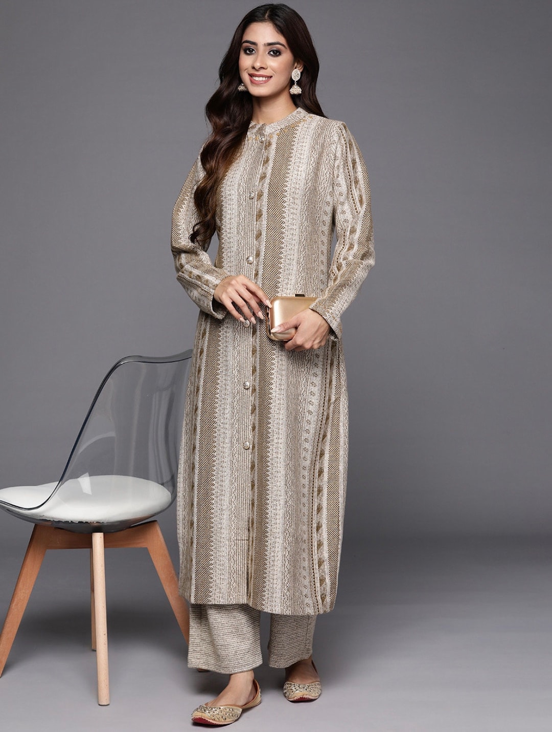 Indian Winter Woolen Kurta Beige Embellished Yoke Design Pashmina Wool ...