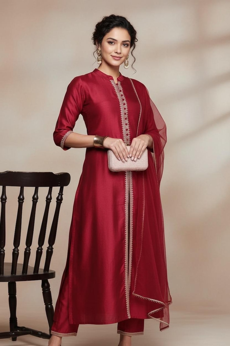 Embroidered Red Silk Blend Kurta Palazzo Dupatta - Indian Wedding Wear ...