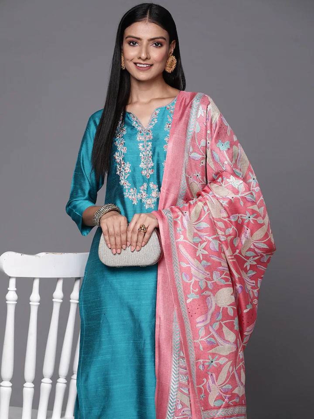 Silk Kurta Set For Indian Party Wear Blue Embroidered Silk Straight