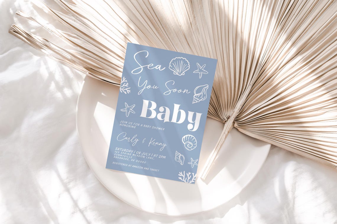 Sea You Soon Baby Shower Invitation, Seashell Baby Shower Invite, Canva ...