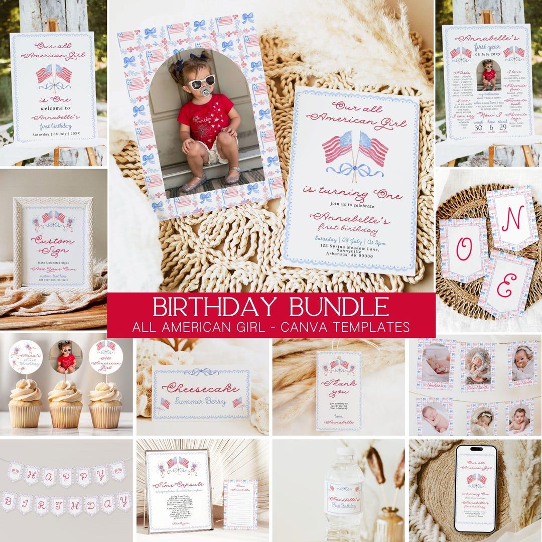 All American Girl Birthday Bundle, Canva Template, All American Girl ...