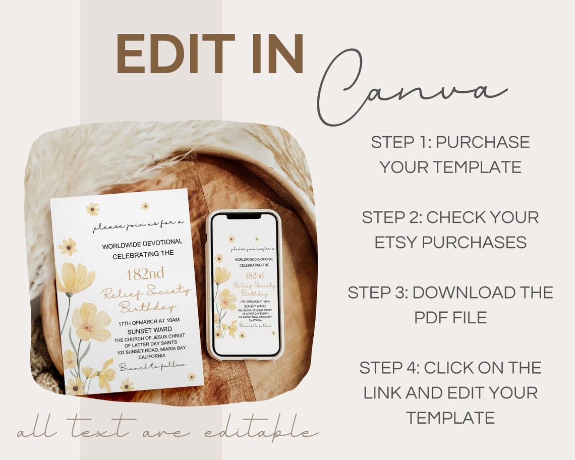 Relief Society Birthday Invitation, Canva Template, Relief Society Birthday Devotional ...