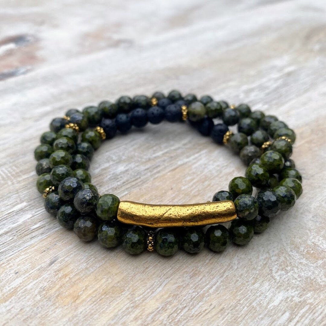 Abundance Wrap | Epidote Pyrite & Lava Wrap Diffuser Bracelet - Gemstone Aromatherapy Bracelet ...