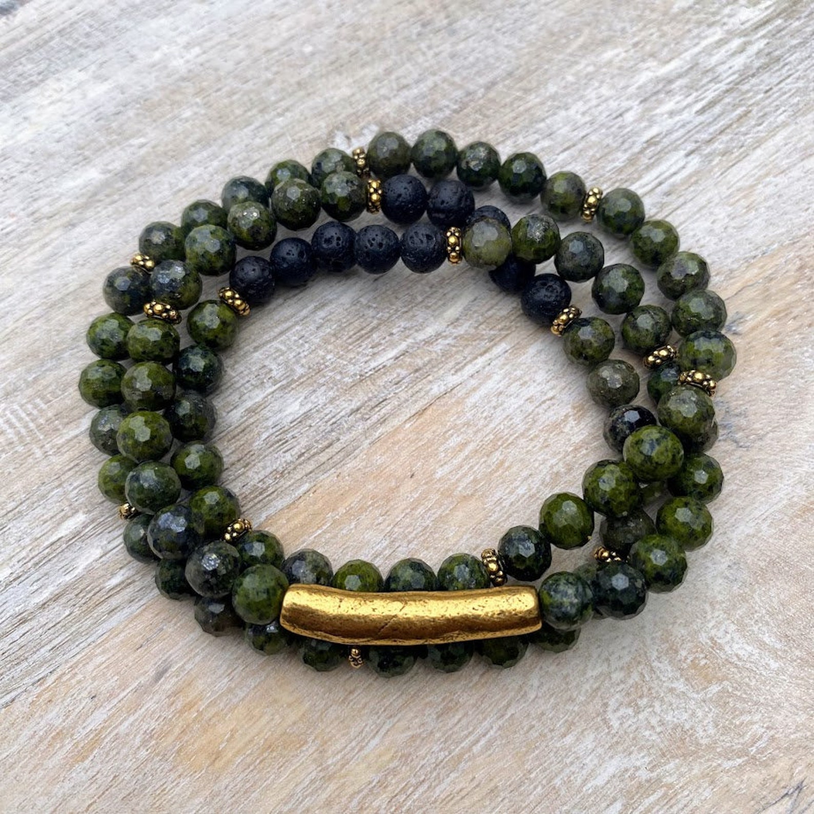 Abundance Wrap | Epidote Pyrite & Lava Wrap Diffuser Bracelet - Gemstone Aromatherapy Bracelet ...