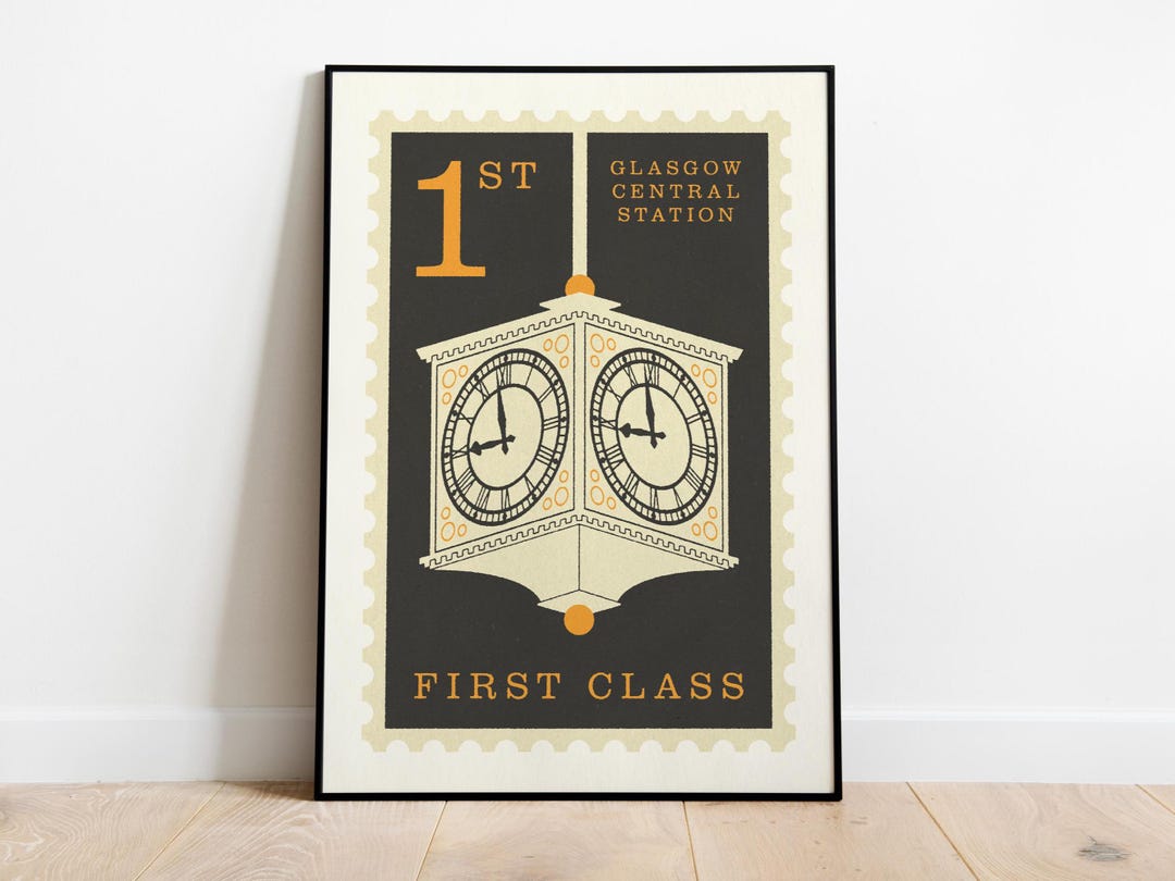 Glasgow Central Station Clock Illustration. Mid Century Stamp Style Art ...