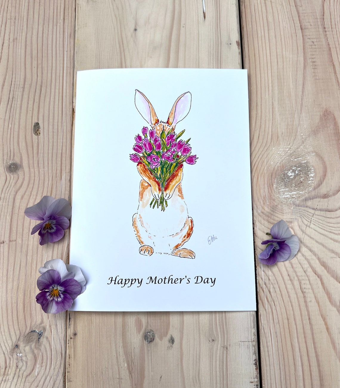 Happy Mothers Card, Bunny Flower Card, Card for Mothers Day, Rabbit ...