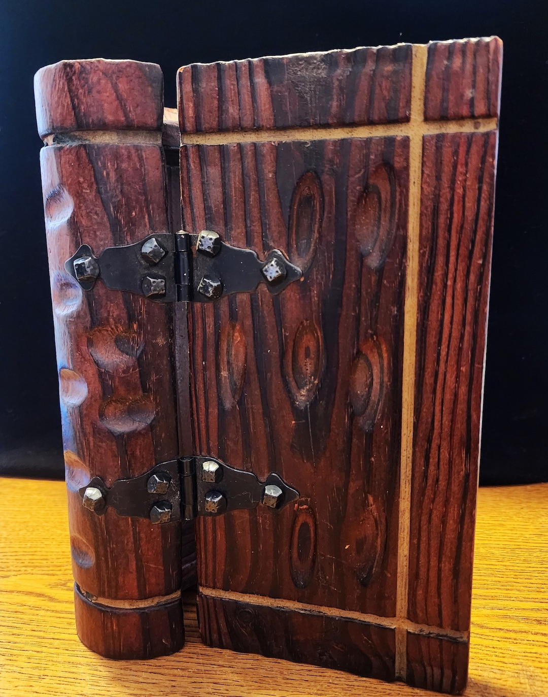 Vintage Wood Hinged Book/box With Metal Inlaid Straps & Opens to Store ...