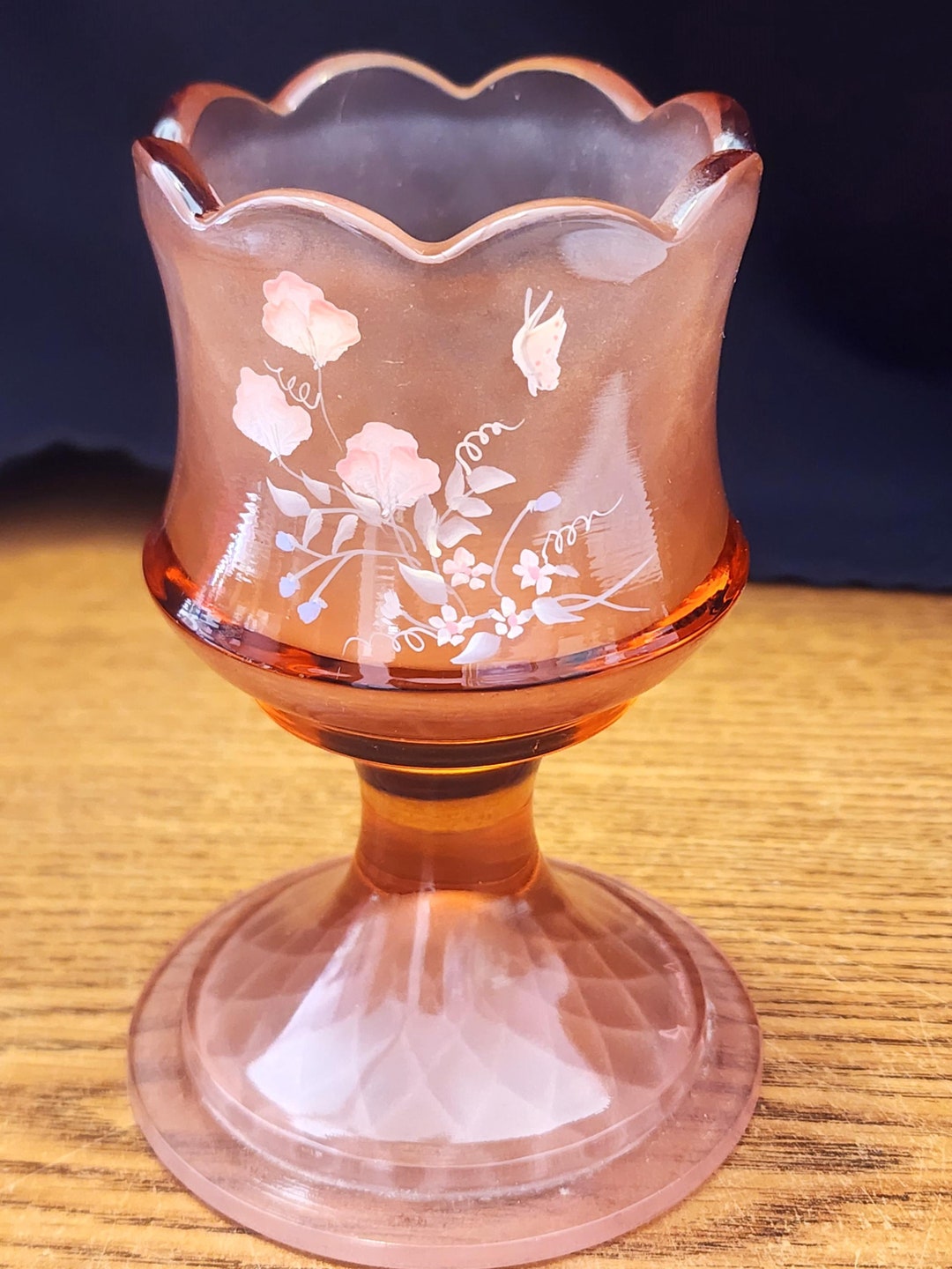Vintage Fenton Pink Satin Hand Painted Pedestal Candle Holder - Hand ...
