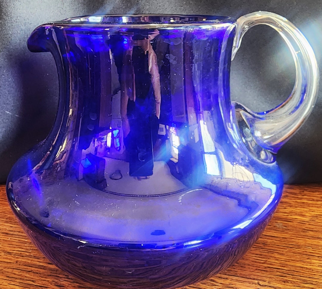 Vintage Blue Glass Pitcher With Clear Handle - Etsy