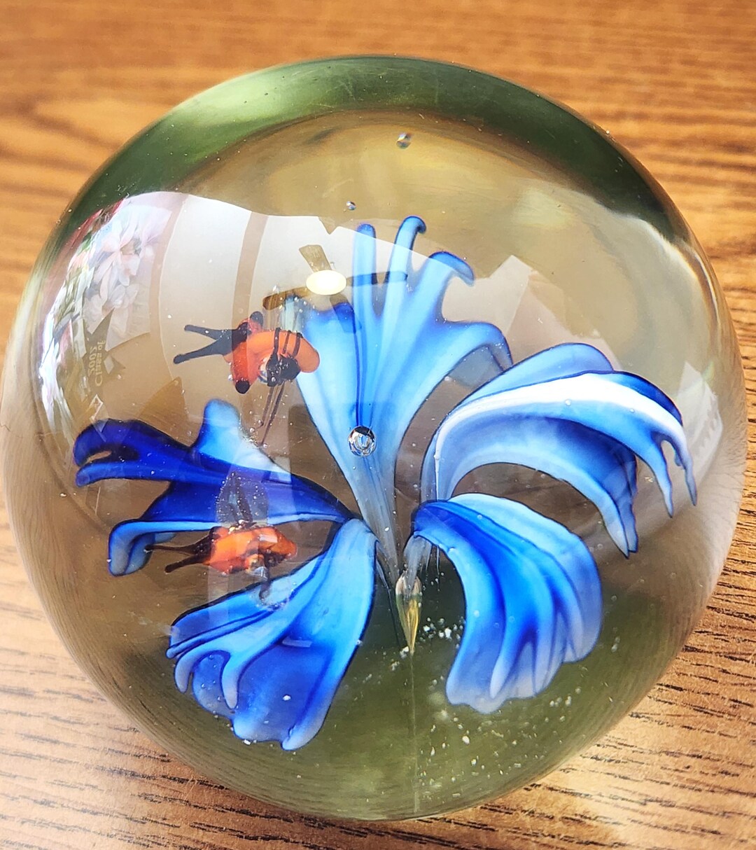 Vintage Art Glass Paperweight With Blue & White Flower and Bumble Bees ...