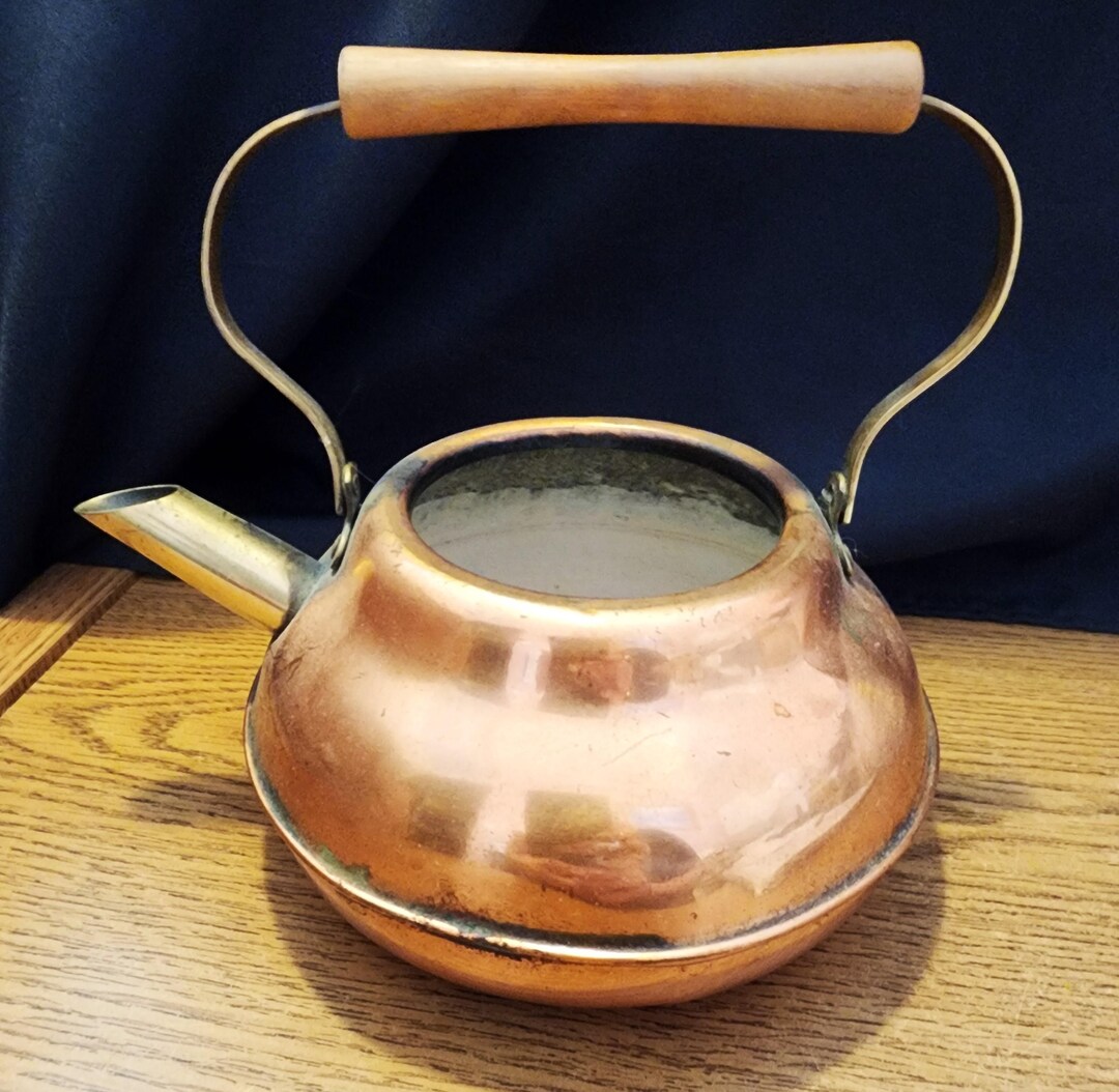 Vintage Copper Tea Pot With Wood Handle - Etsy