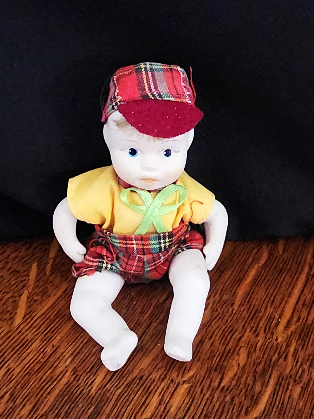 Vintage 5 Inch Boy All Porcelain Doll Connected With String in Plaid ...