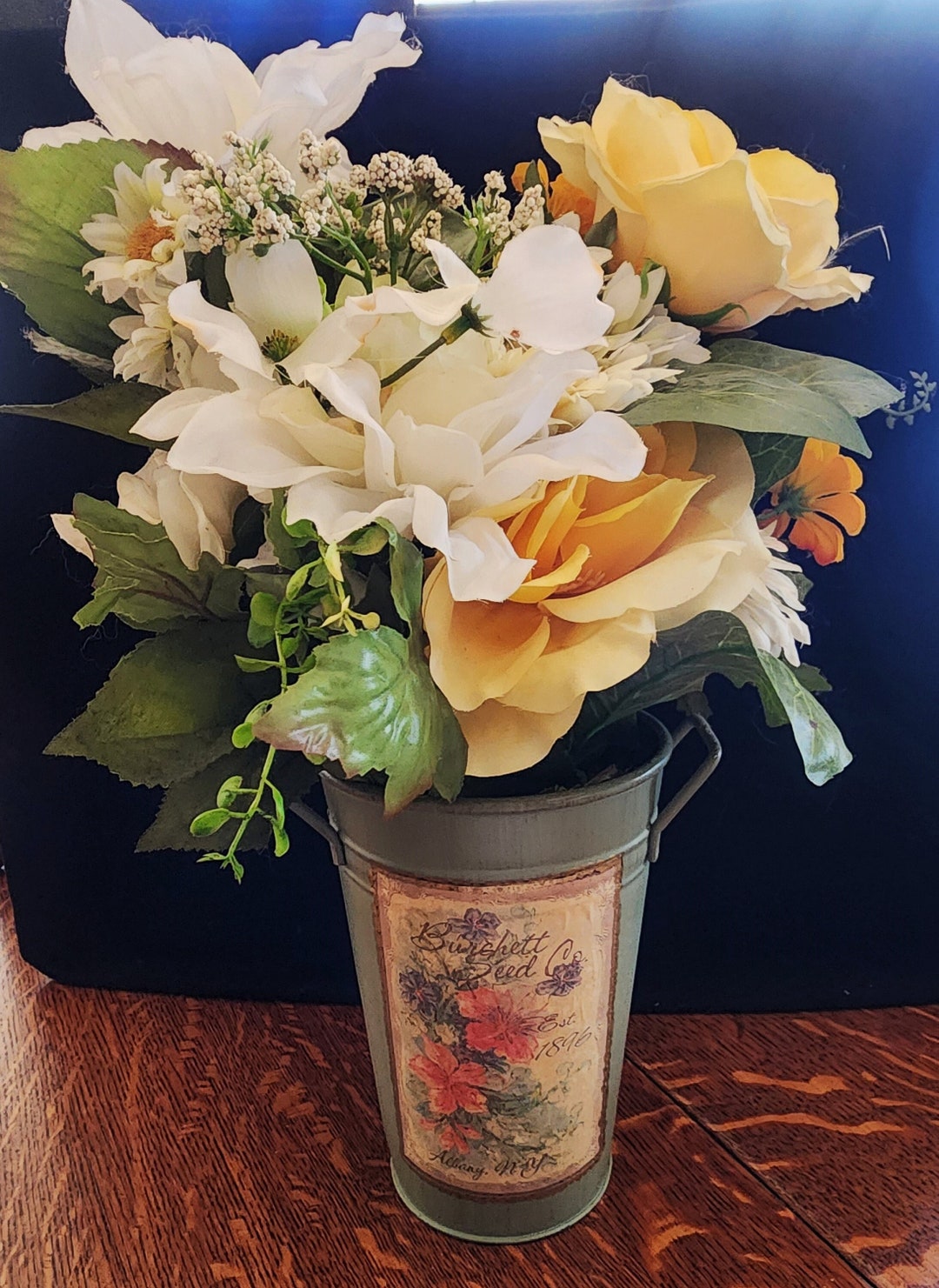 Vintage Tin Bucket Burchett Family With Yellow & White Flowers - Etsy