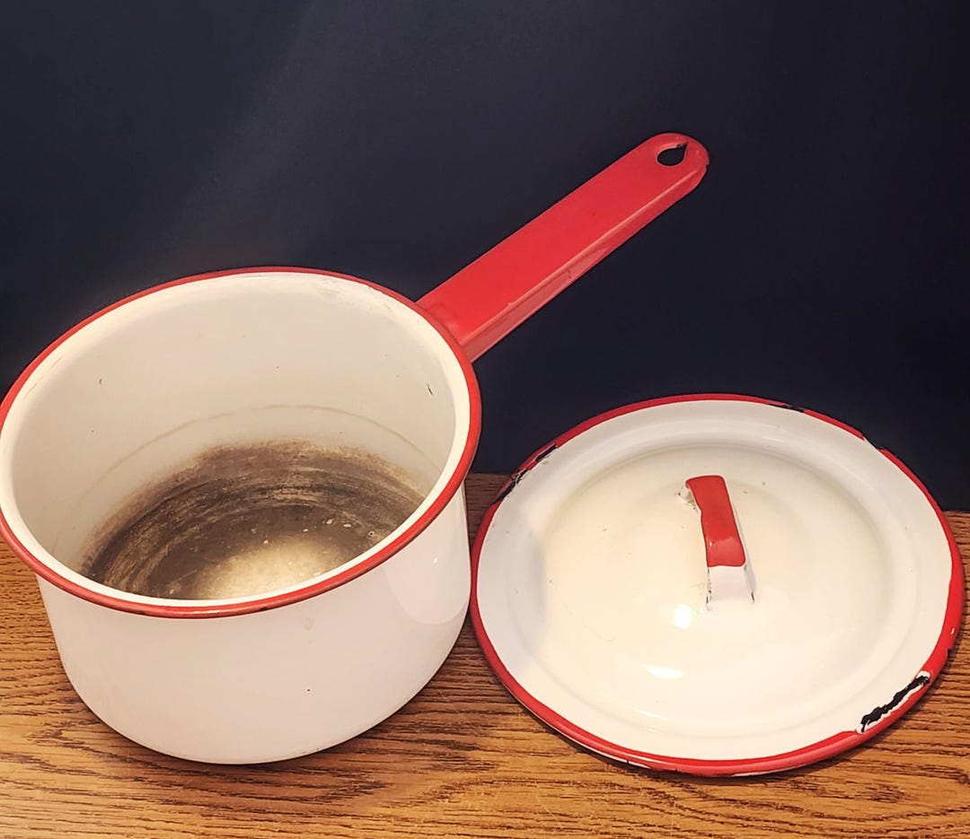 Vintage White and Red Enamel Pot With Lid - Etsy