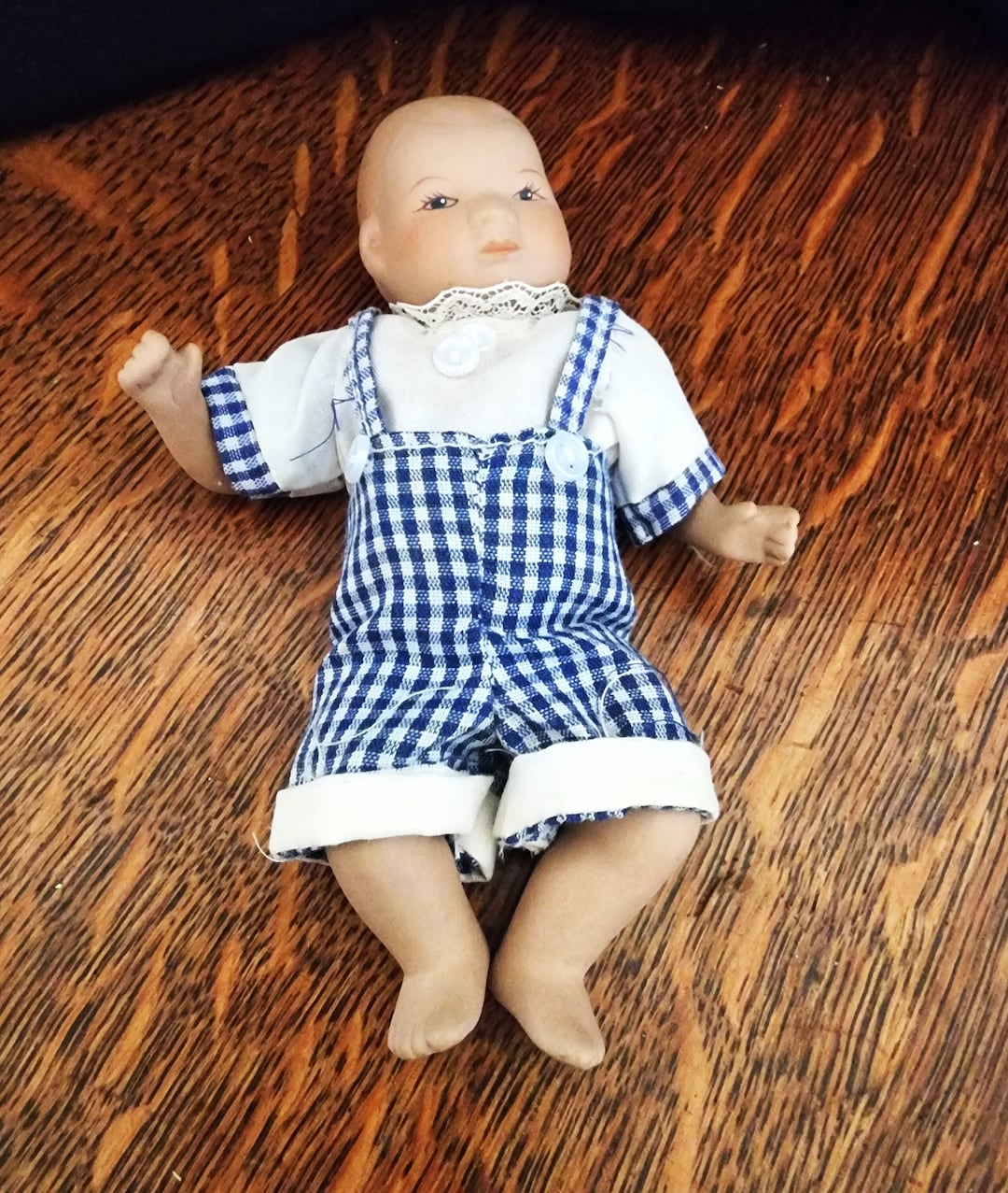 Vintage 5 Inch Boy All Porcelain Doll Connected With String in Blue and ...