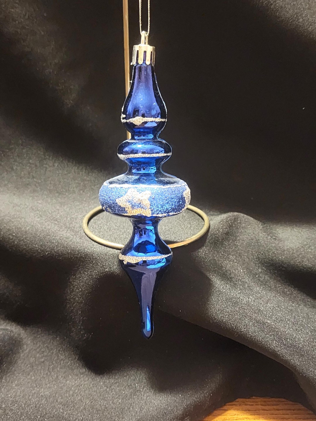 Vintage 7" Cobalt Blue & Silver Glitter Spire Christmas Tree Ornament ...