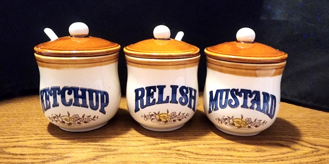 Vintage Set of Condiment Holders With Lids and Two Spoons Ketchup ...